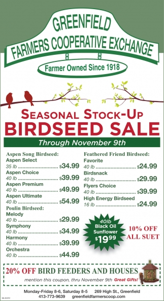 Seasonal Stock-Up Birdseed Sale, Greenfield Farmers Cooperative ...